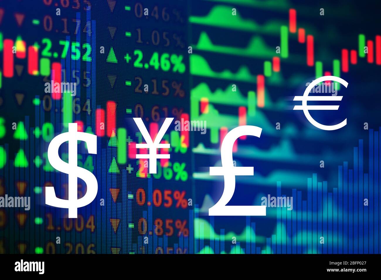 Stock exchange graphs and rates with currency symbols on color ...