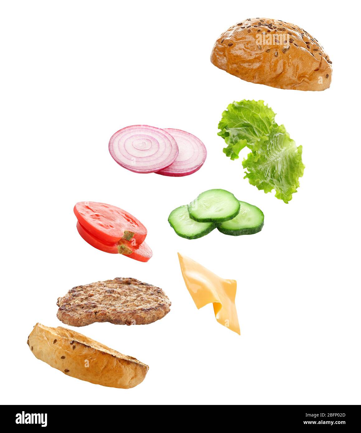 Floating ingredients for delicious burger on white background Stock ...