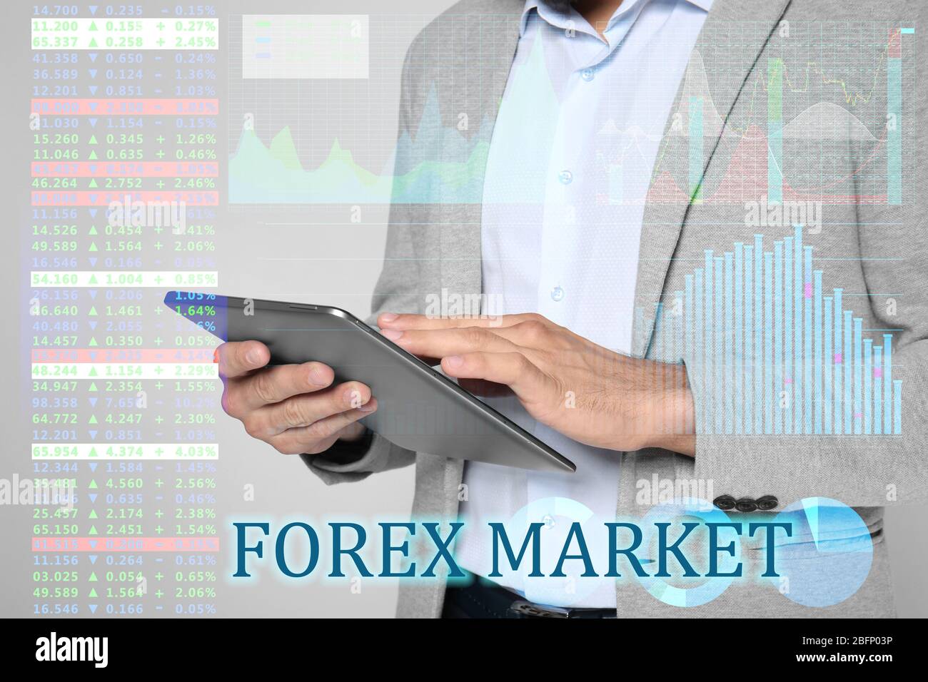 Double exposure of graphs, rates and financial trader working with ...