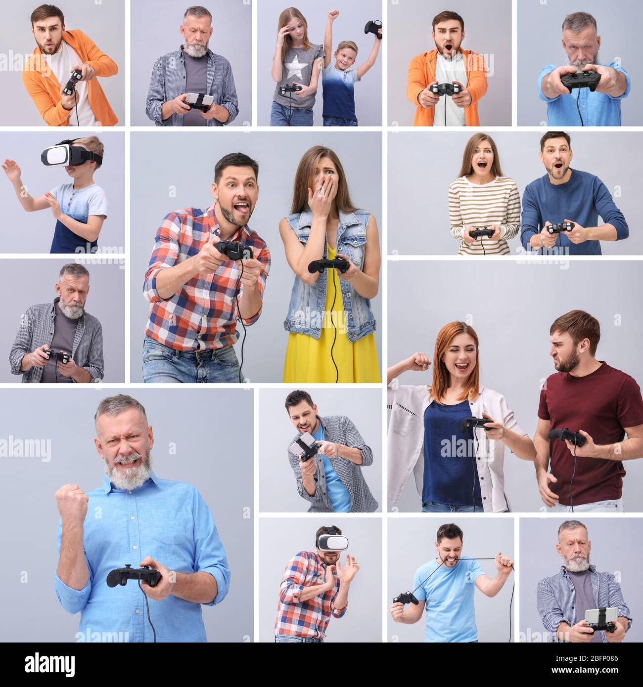 People of different ages playing video games on grey background ...