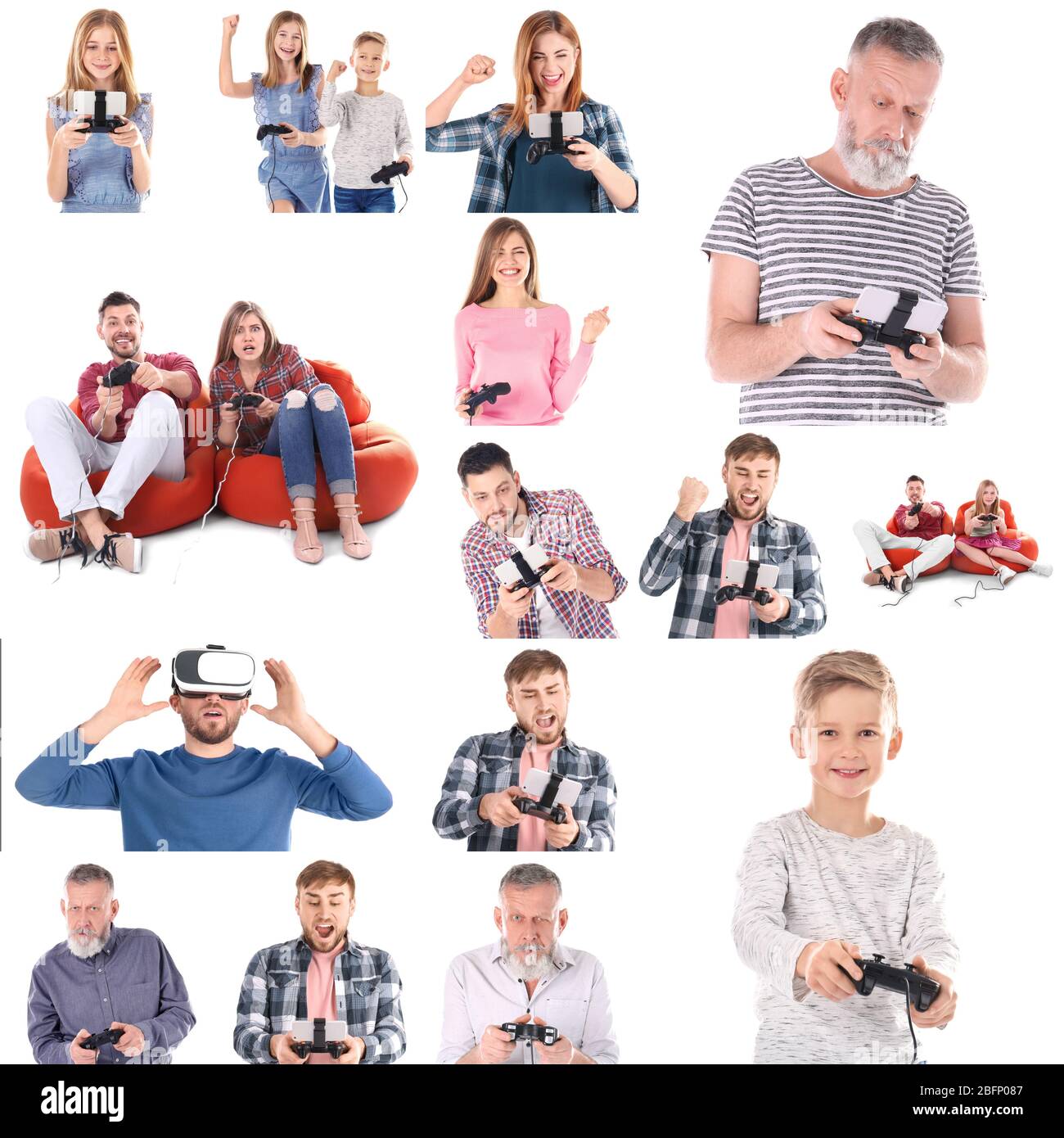 People of different ages playing video games on white background ...
