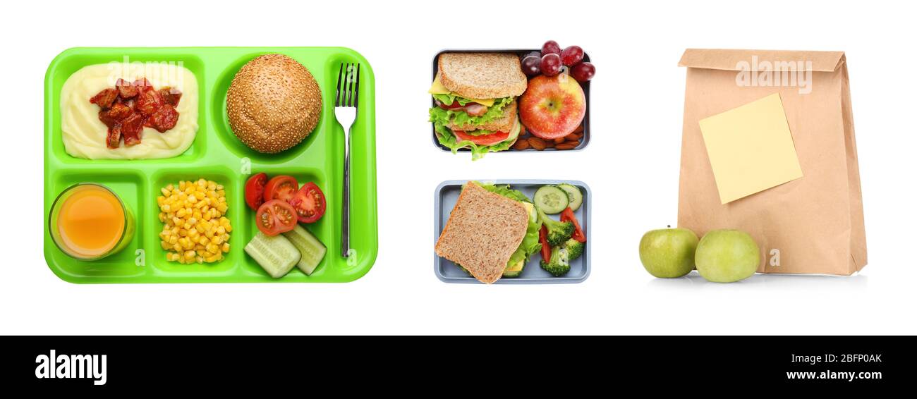 Set of food for school lunch on white background Stock Photo - Alamy