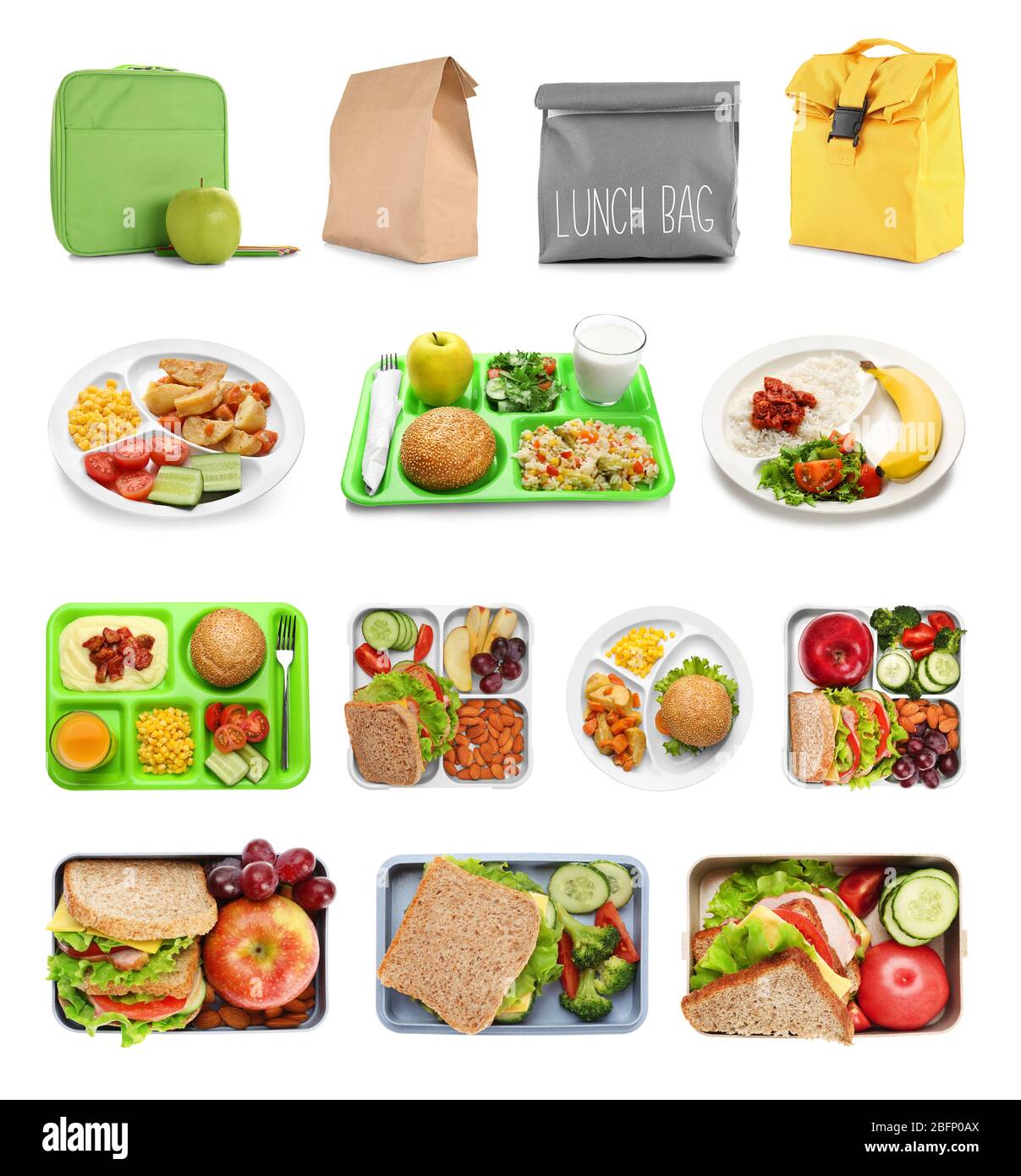 Set of food for school lunch on white background Stock Photo - Alamy