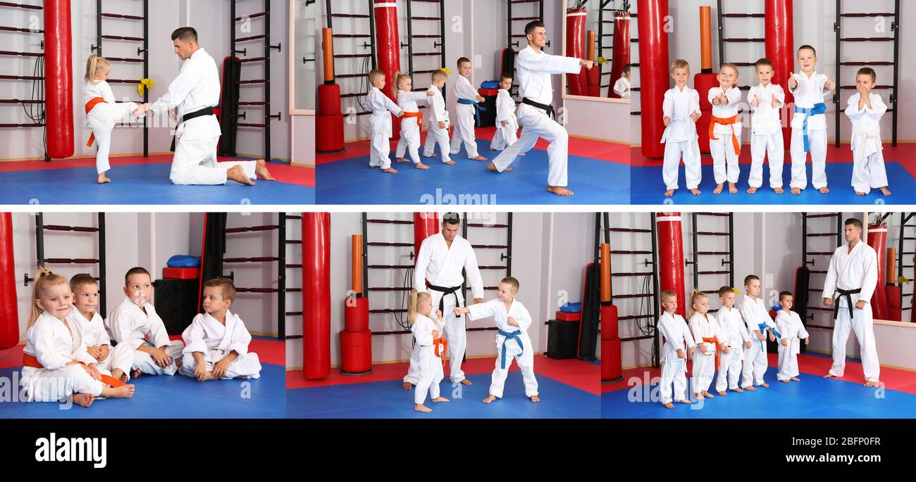 Set with instructor and little kids practicing karate in dojo Stock ...