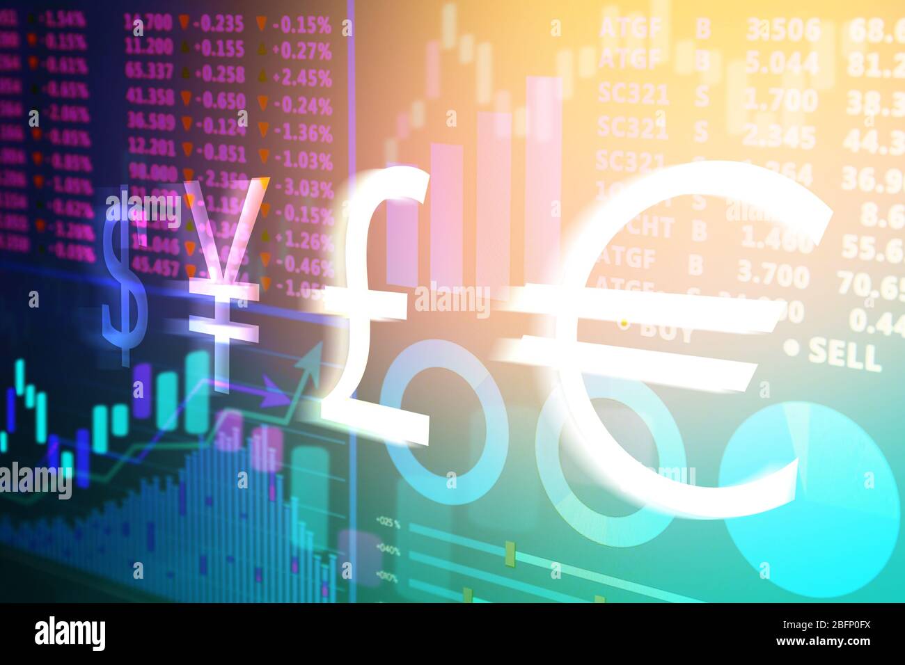 Stock exchange graphs and rates with currency symbols on color ...