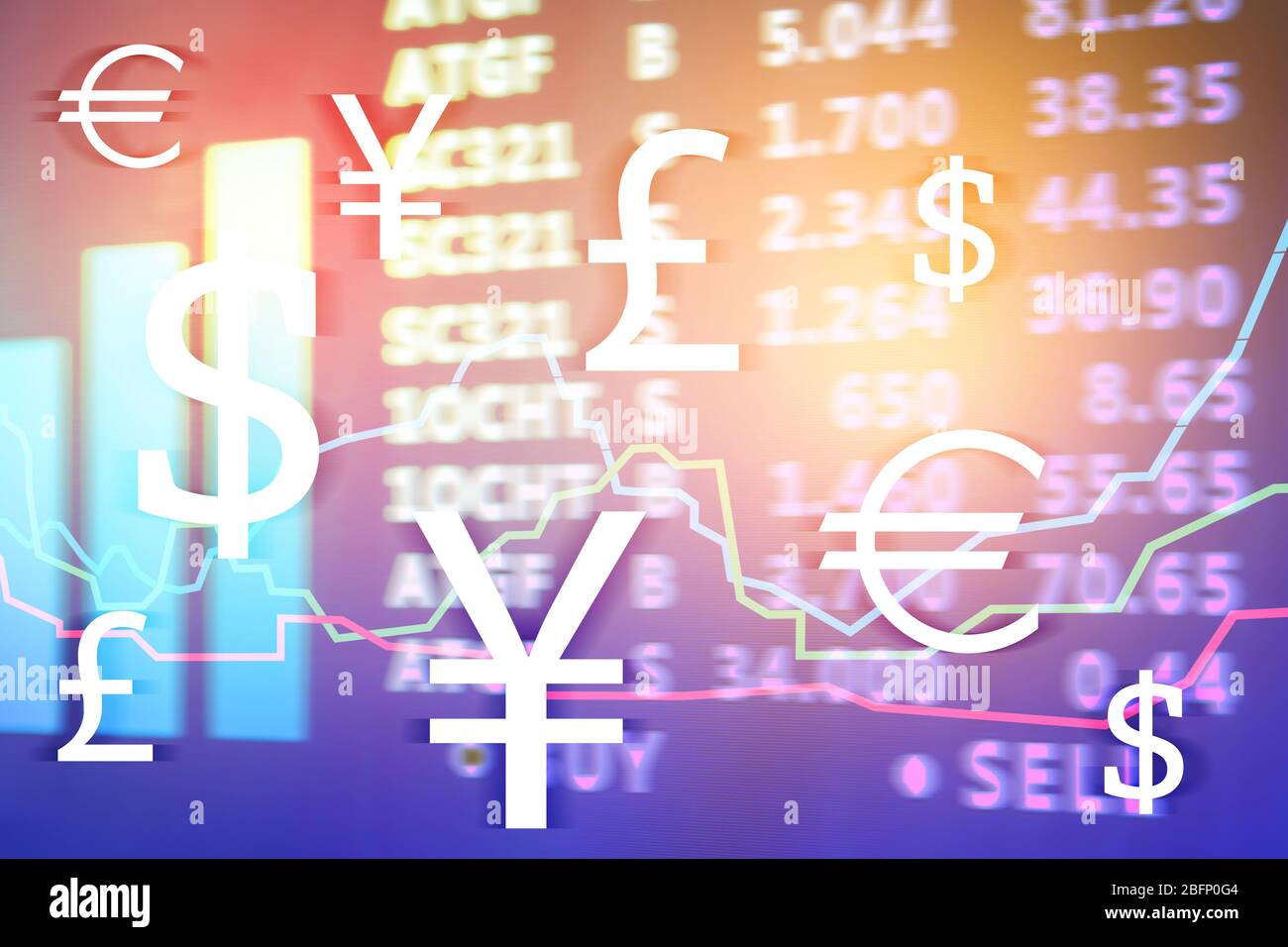 Stock exchange graphs and rates with currency symbols on color ...