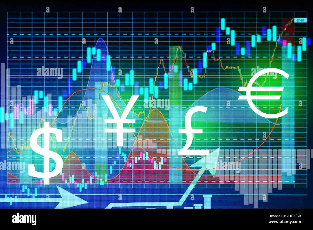 Stock exchange graphs with currency symbols on color background ...
