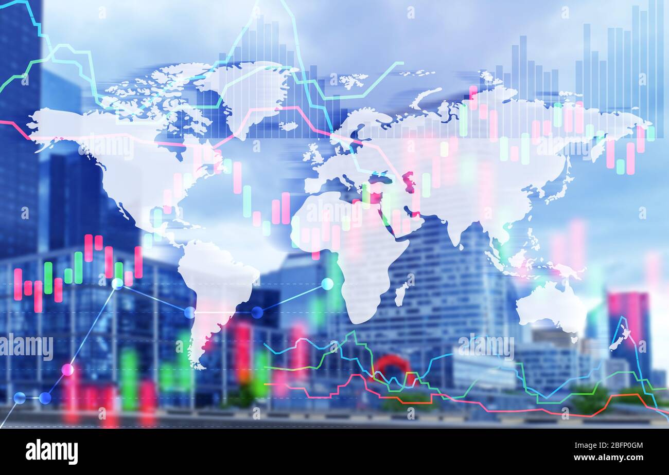 Multiple exposure of stock market data with world map and cityscape ...