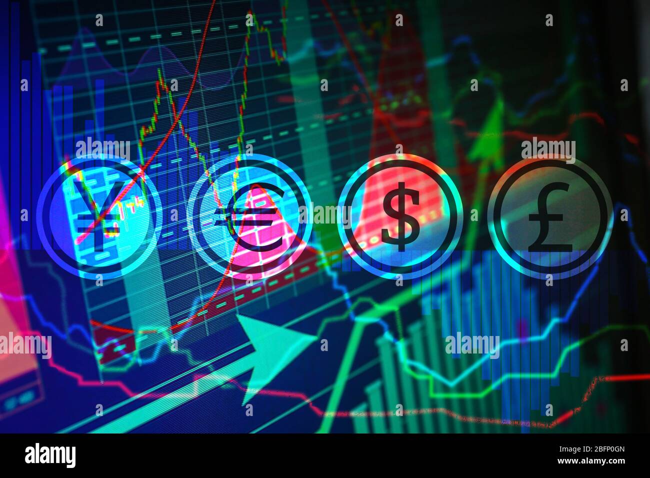 Stock exchange graphs with currency symbols on color background ...