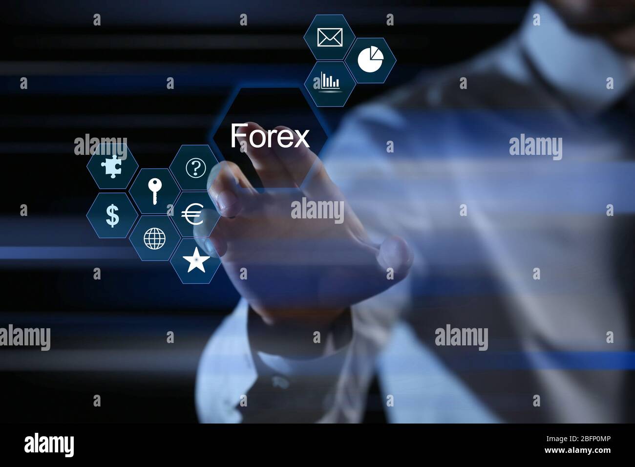 Financial trader working with virtual screen on dark background. Forex ...