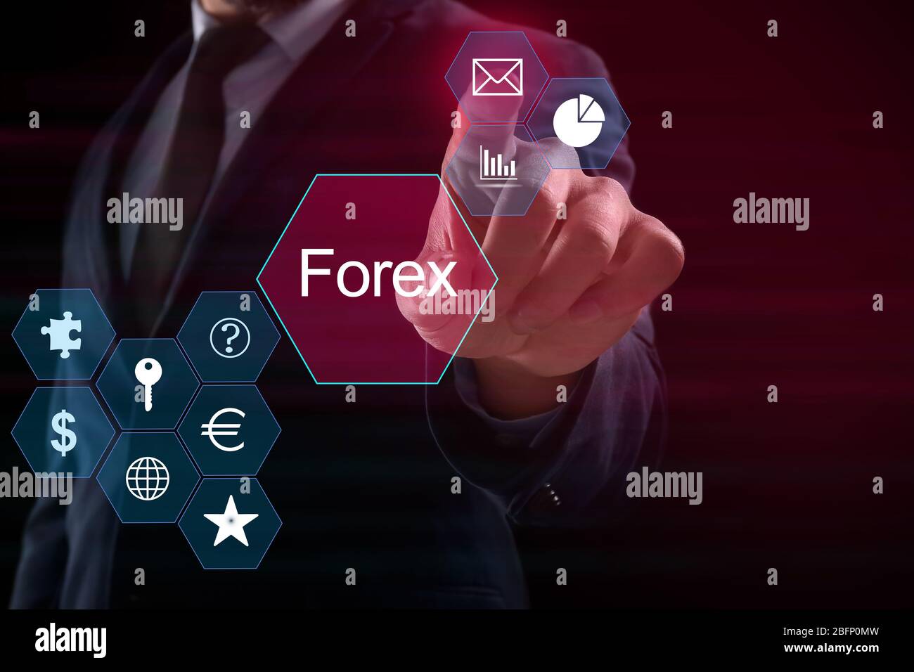 Financial trader working with virtual screen on dark background. Forex ...