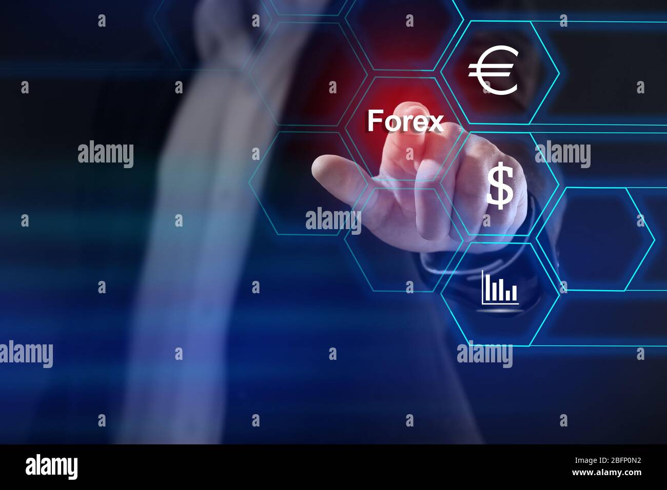 Financial trader working with virtual screen on dark background. Forex ...
