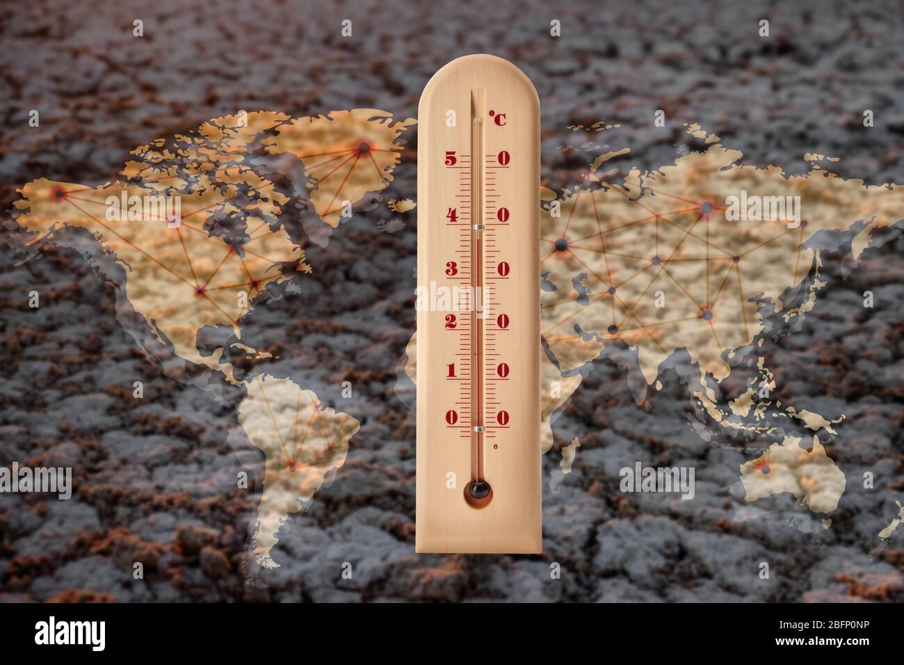 World map with thermometer showing high temperature and dry soil on ...