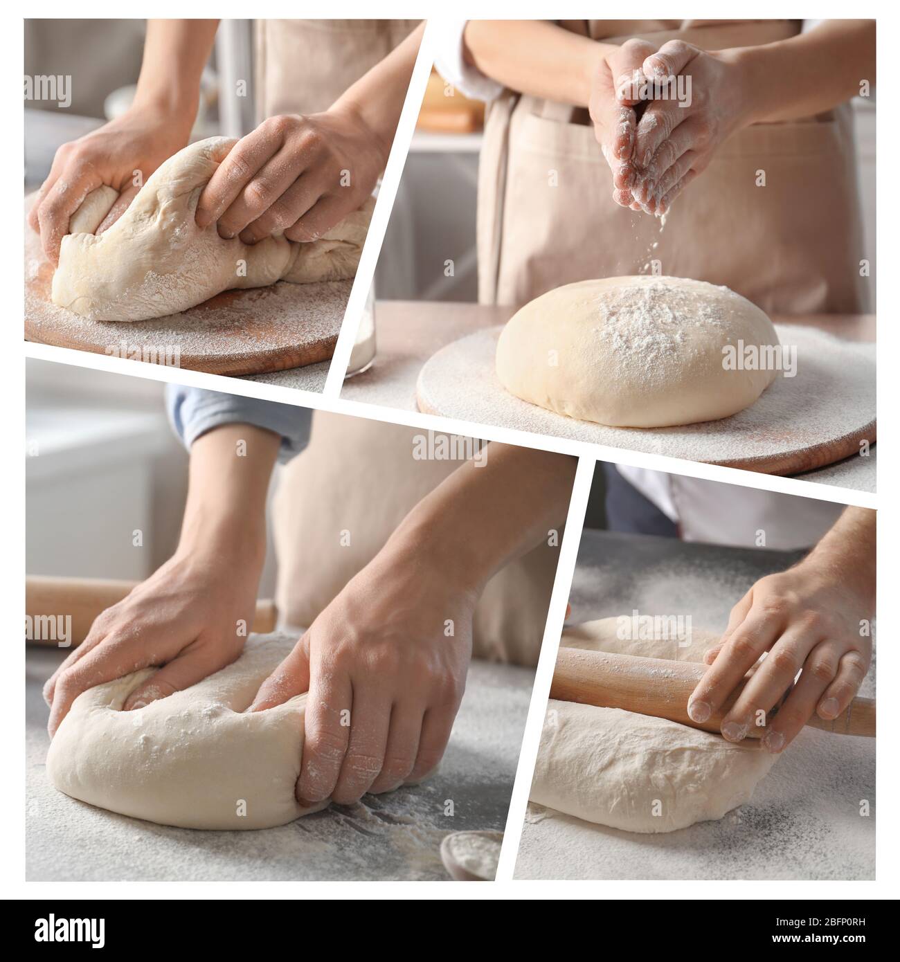 Set with flour and chef kneading dough at table Stock Photo - Alamy
