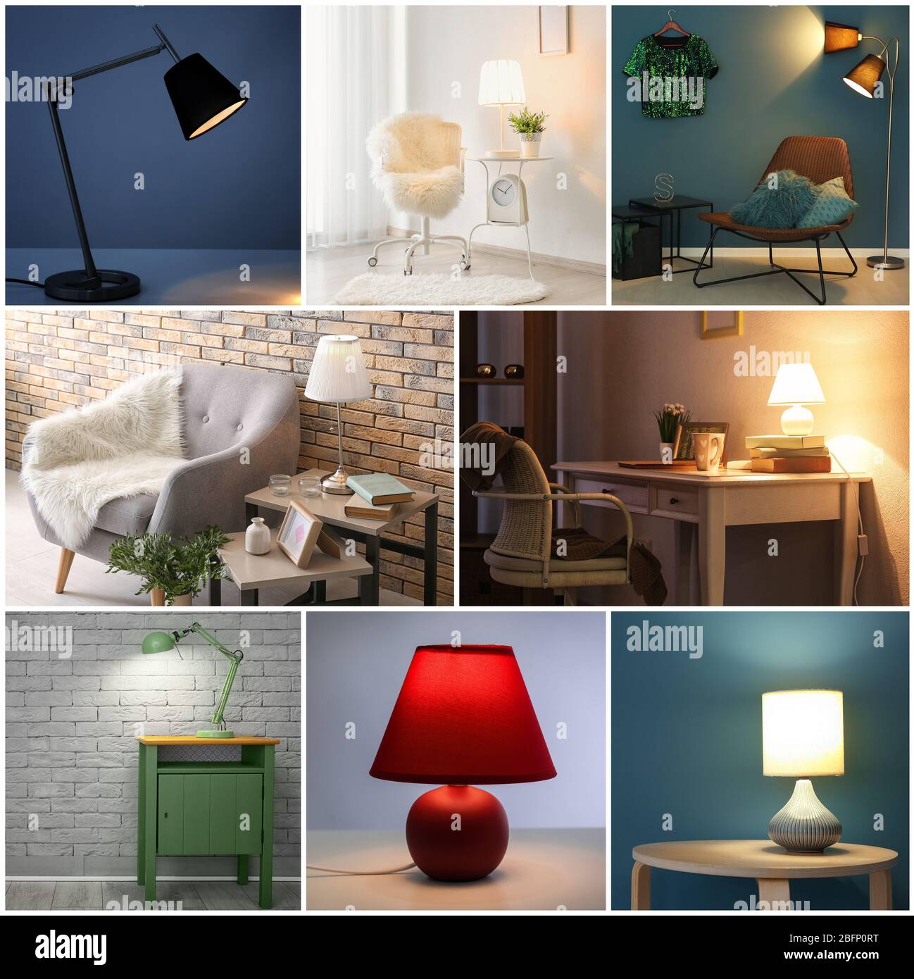 Collection of different room interiors with modern furniture and lamps ...