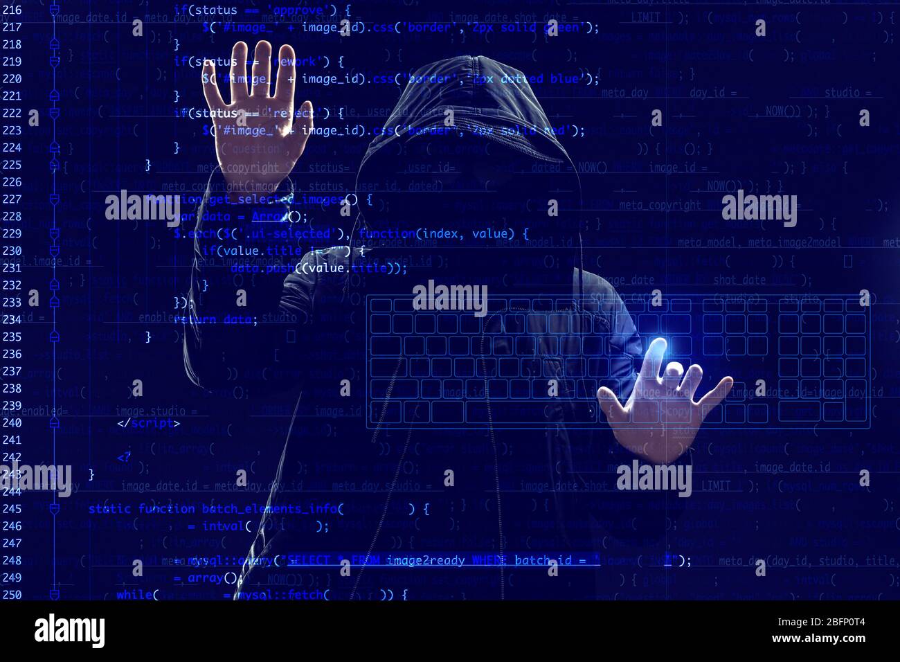 Hacker working with virtual screen against dark background. Concept of ...