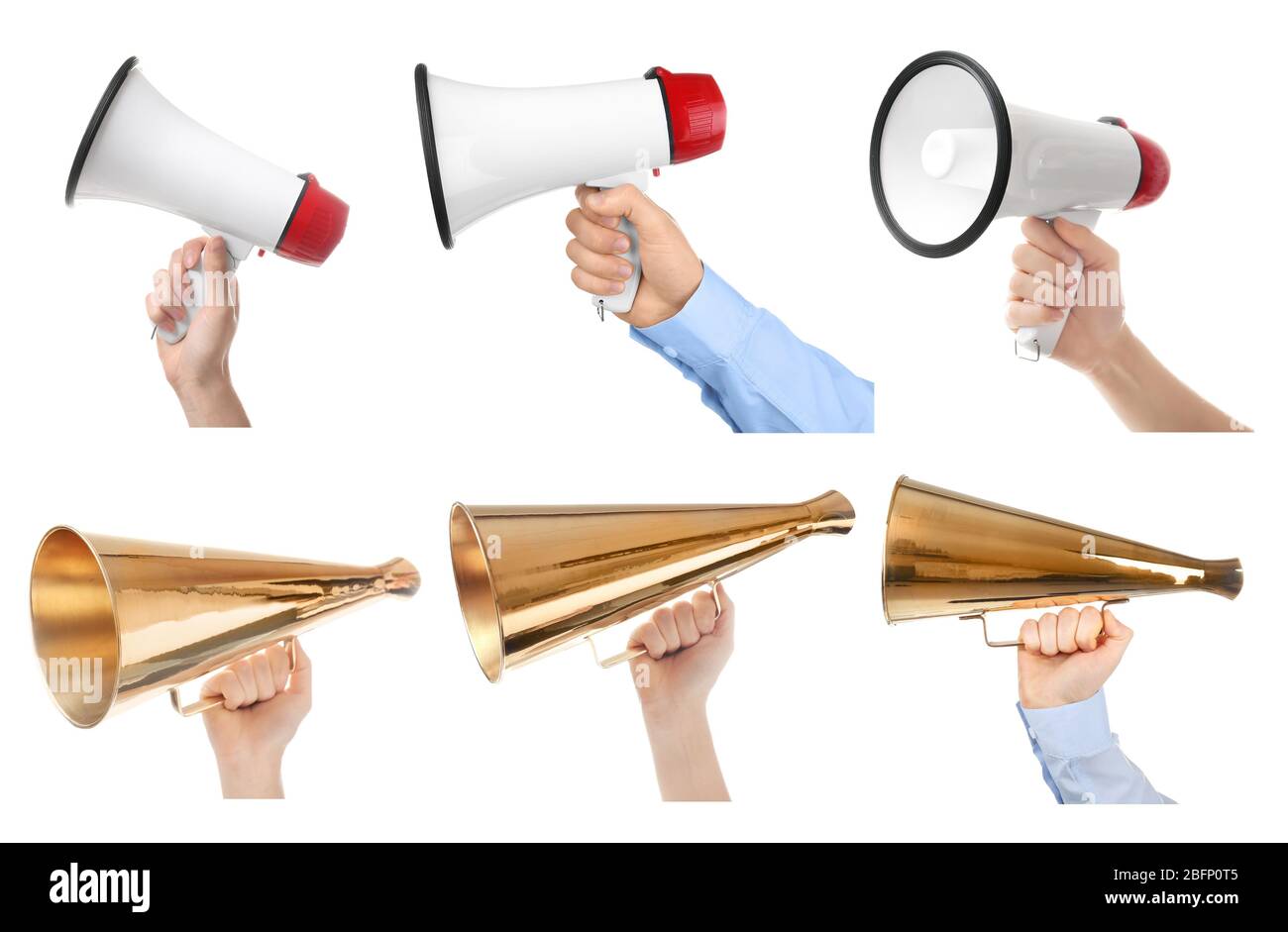 Set of people with different megaphones on white background Stock Photo ...