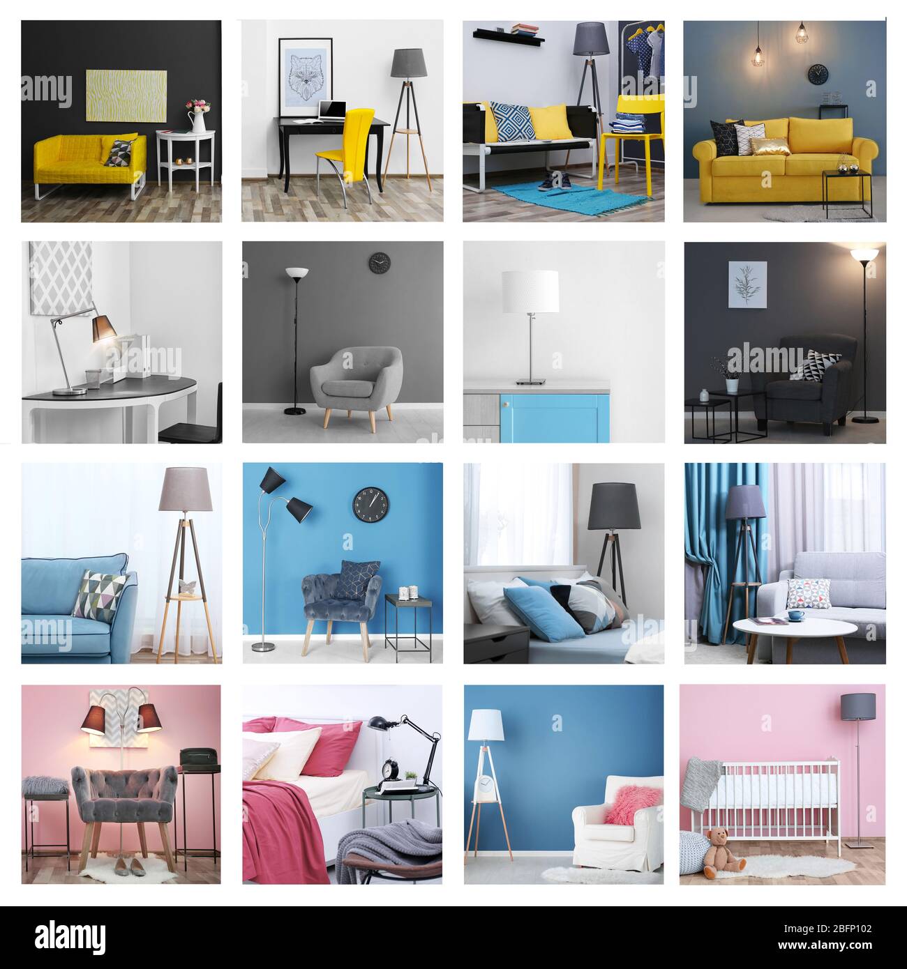 Collection of different room interiors with modern furniture and lamps ...