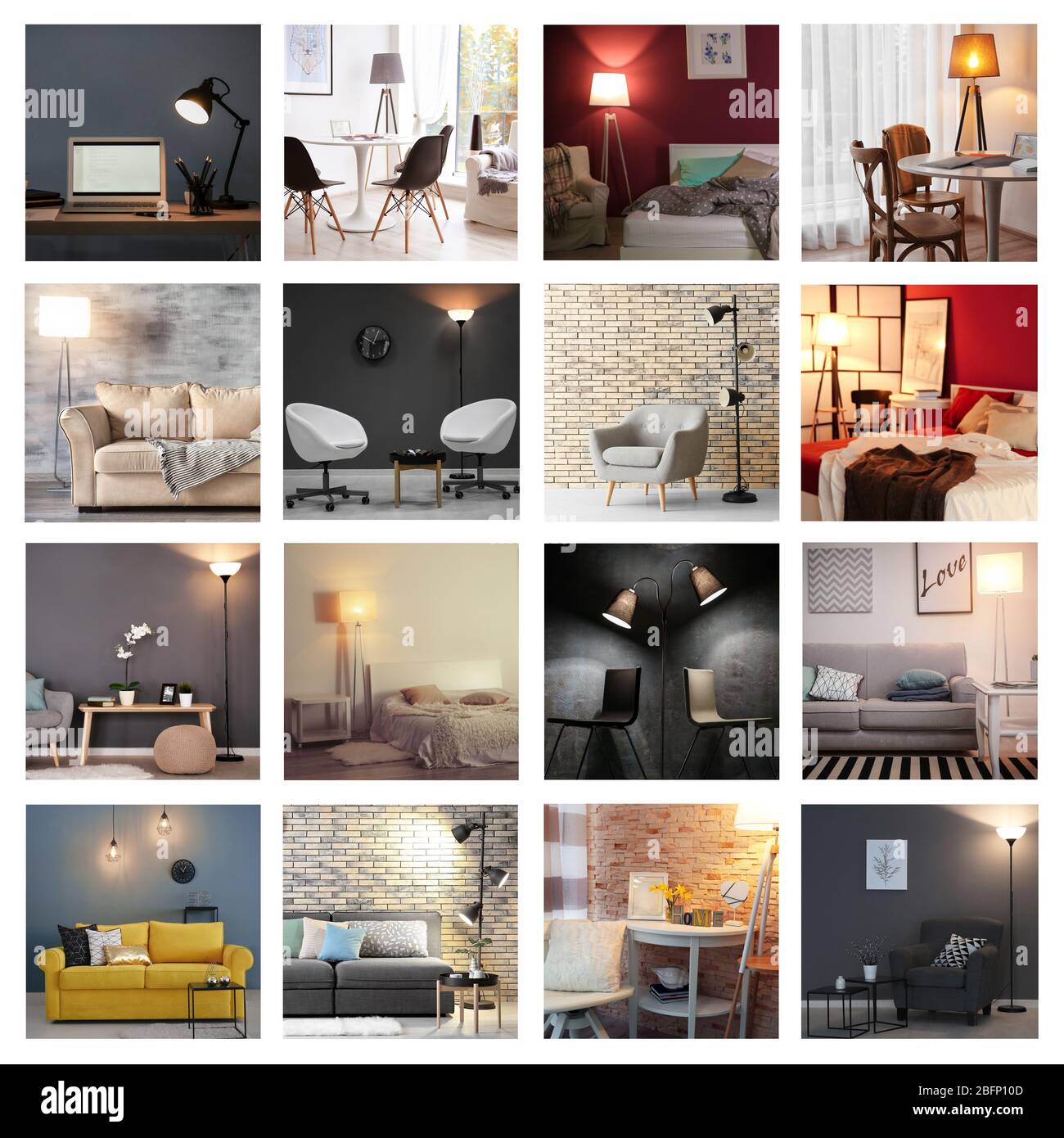 Collection of different room interiors with modern furniture and lamps ...