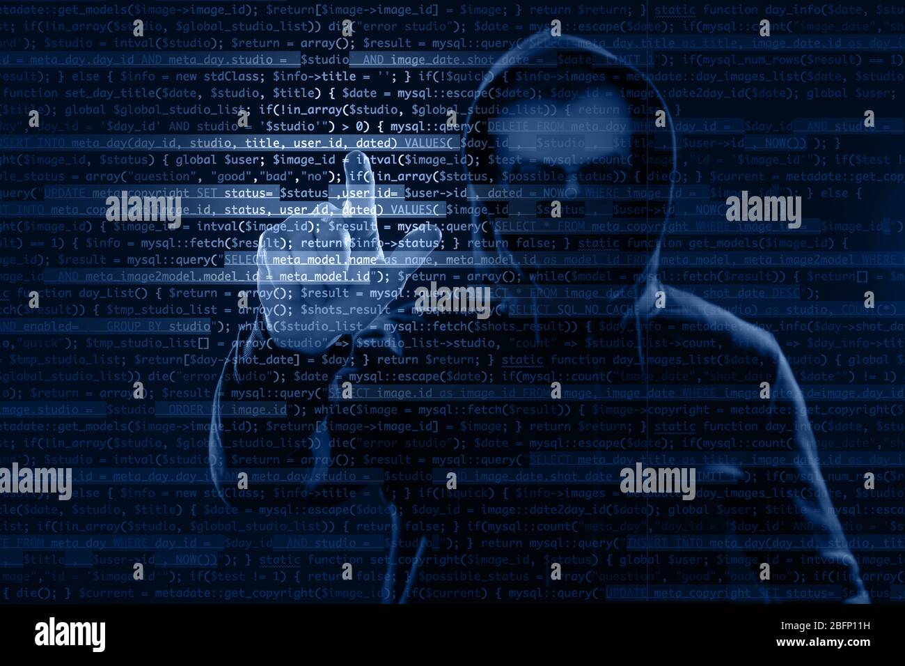 Hacker working with virtual screen against dark background. Concept of ...