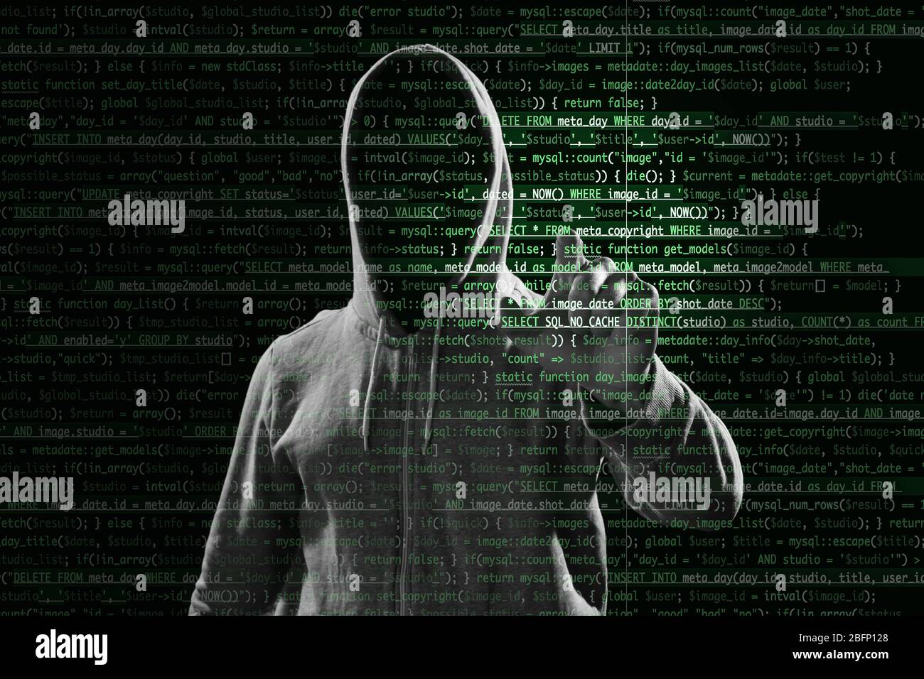 Hacker working with virtual screen against dark background. Concept of ...