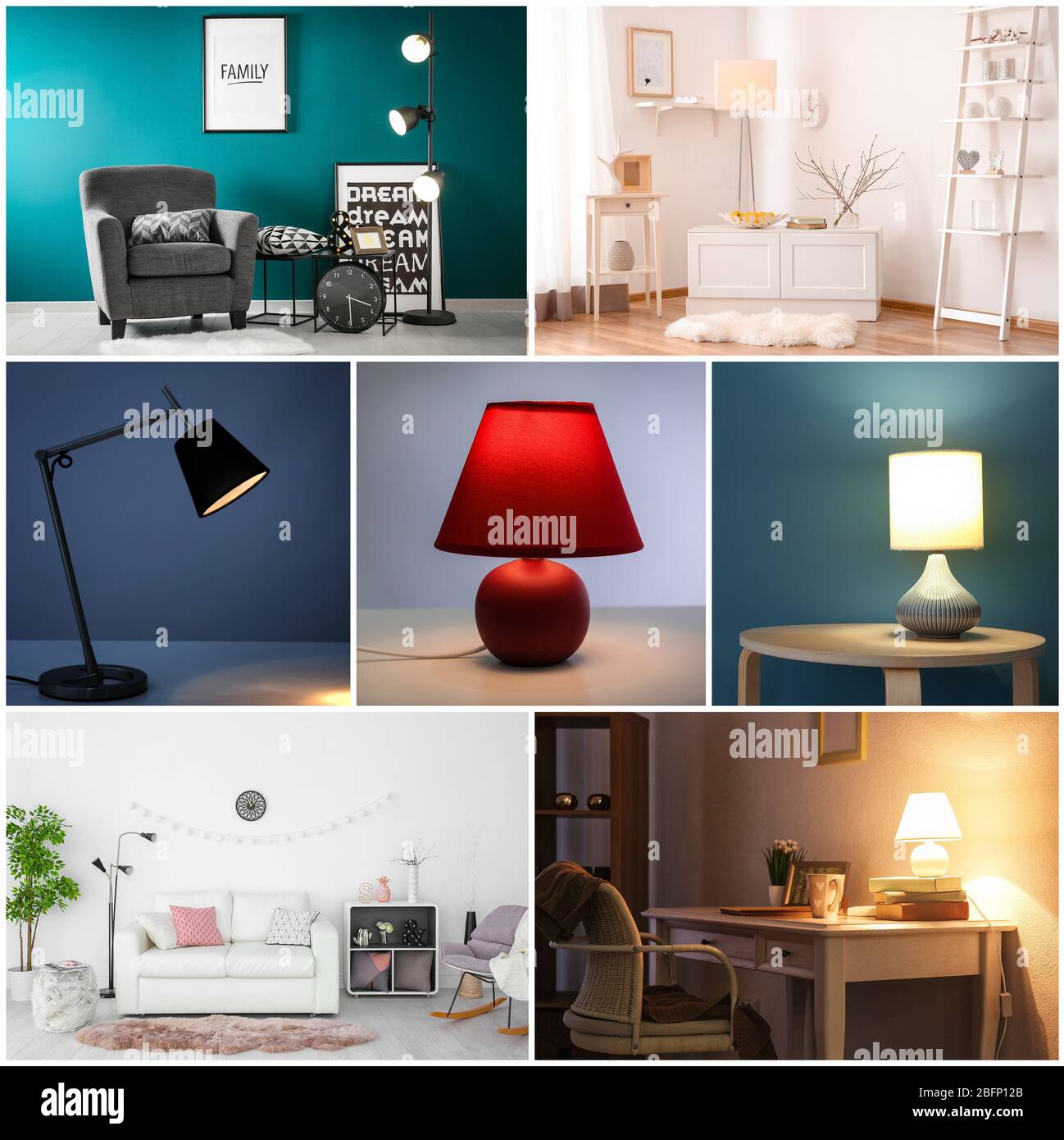 Collection of different room interiors with modern furniture and lamps ...