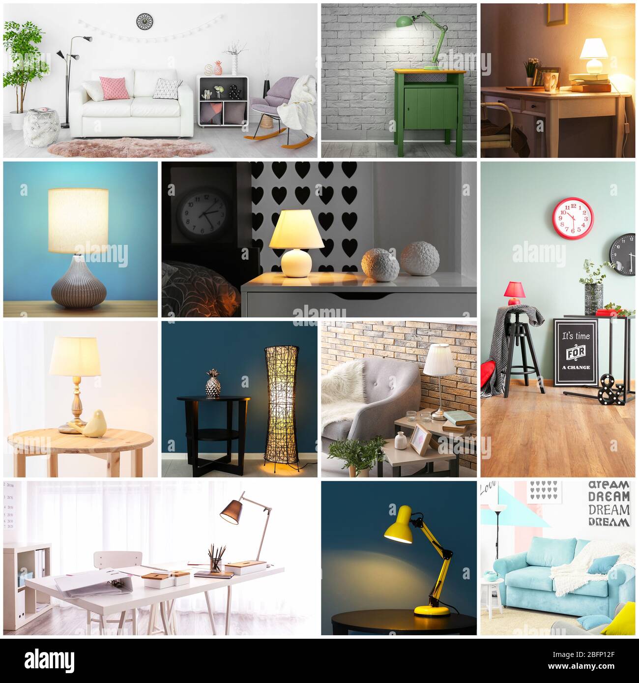 Collection of different room interiors with modern furniture and lamps ...