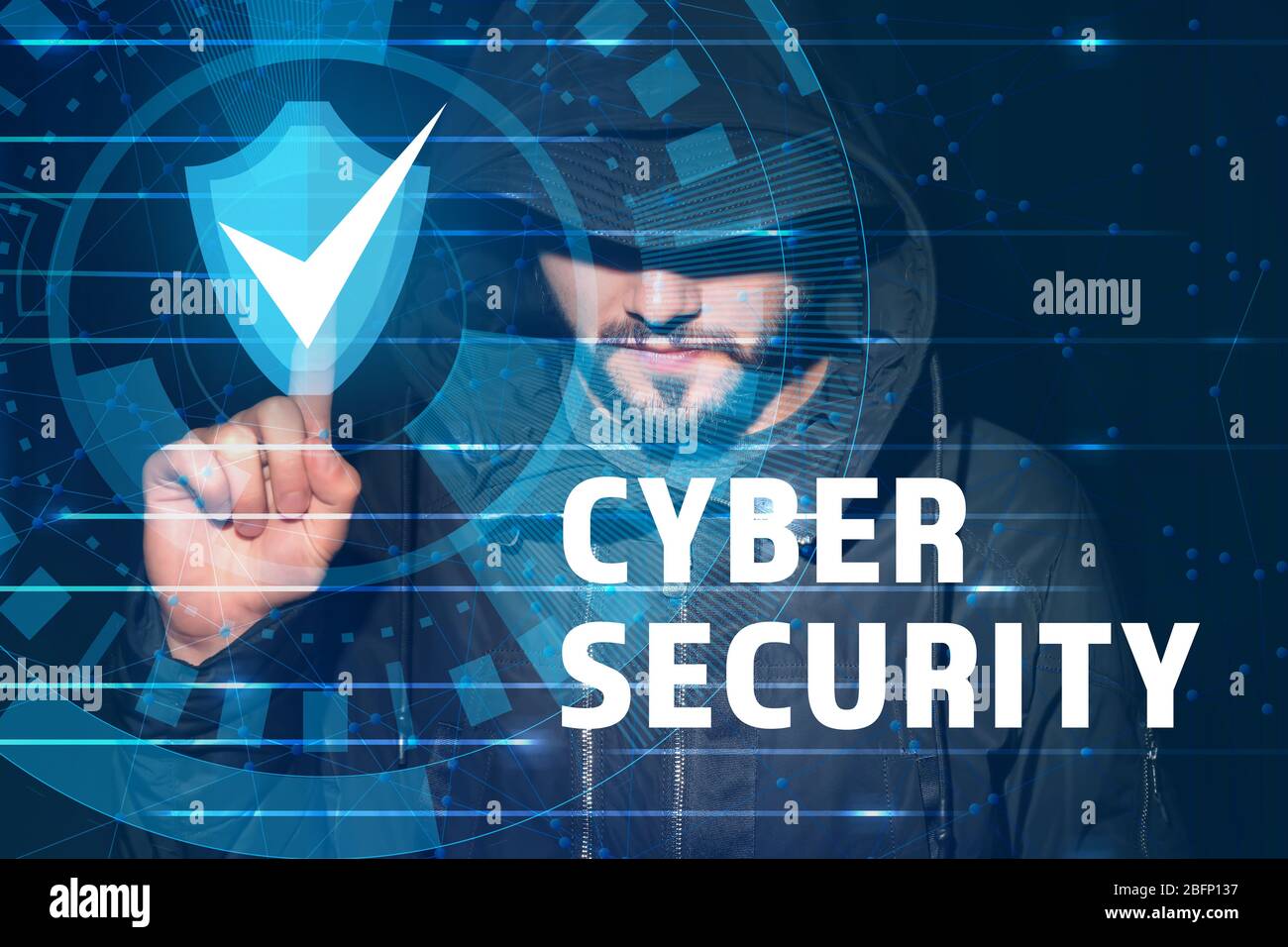 Hacker pushing button on virtual screen against dark background ...