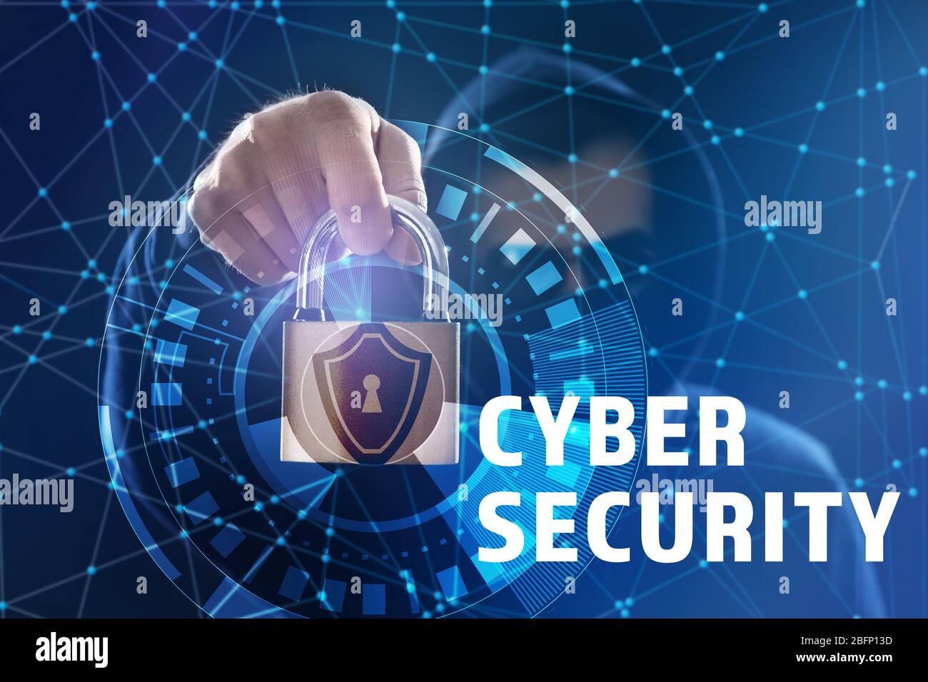 Hacker with lock on dark background. Concept of cyber security and ...