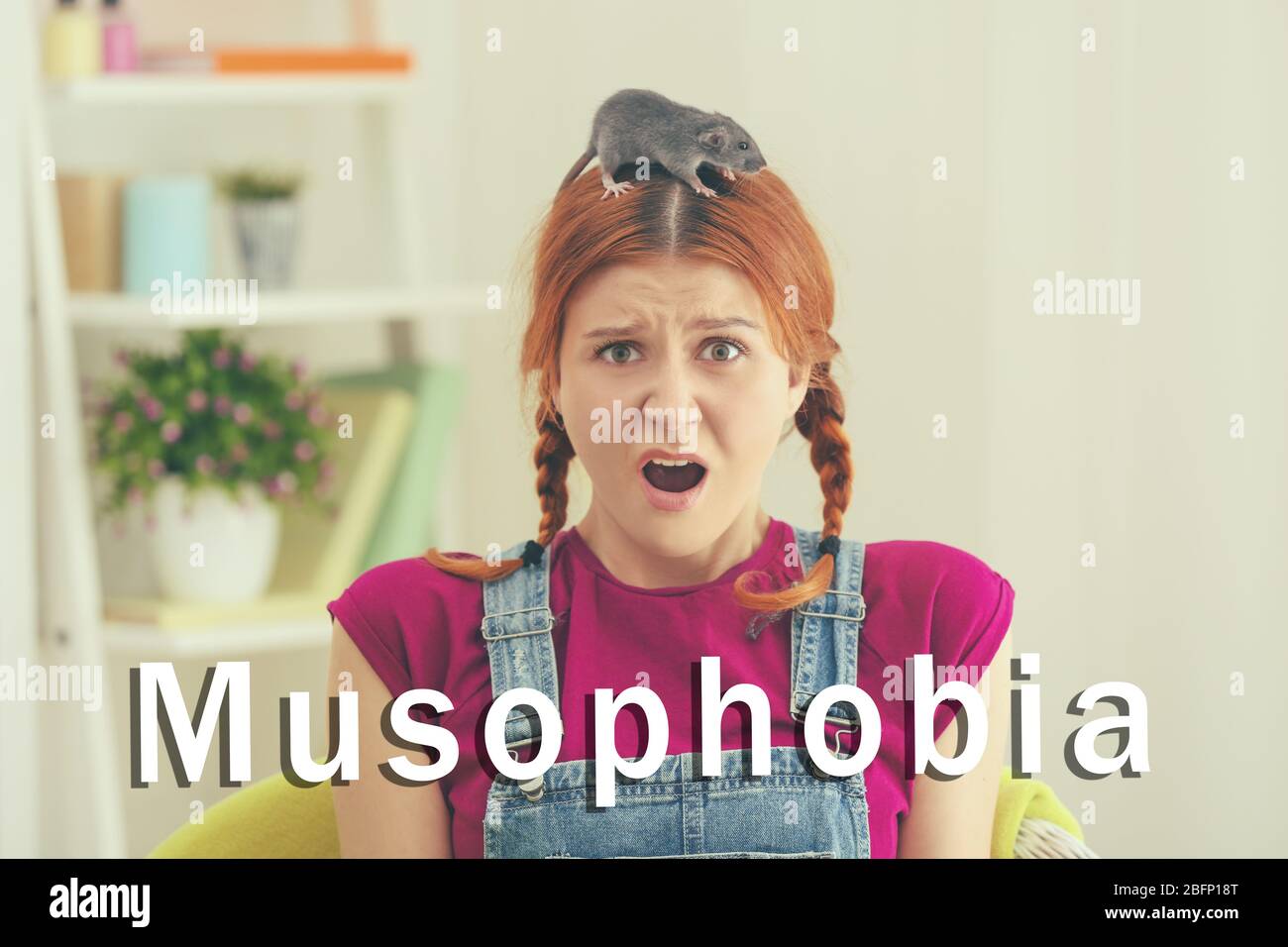 Terrified woman with mouse at home. Musophobia concept Stock Photo - Alamy
