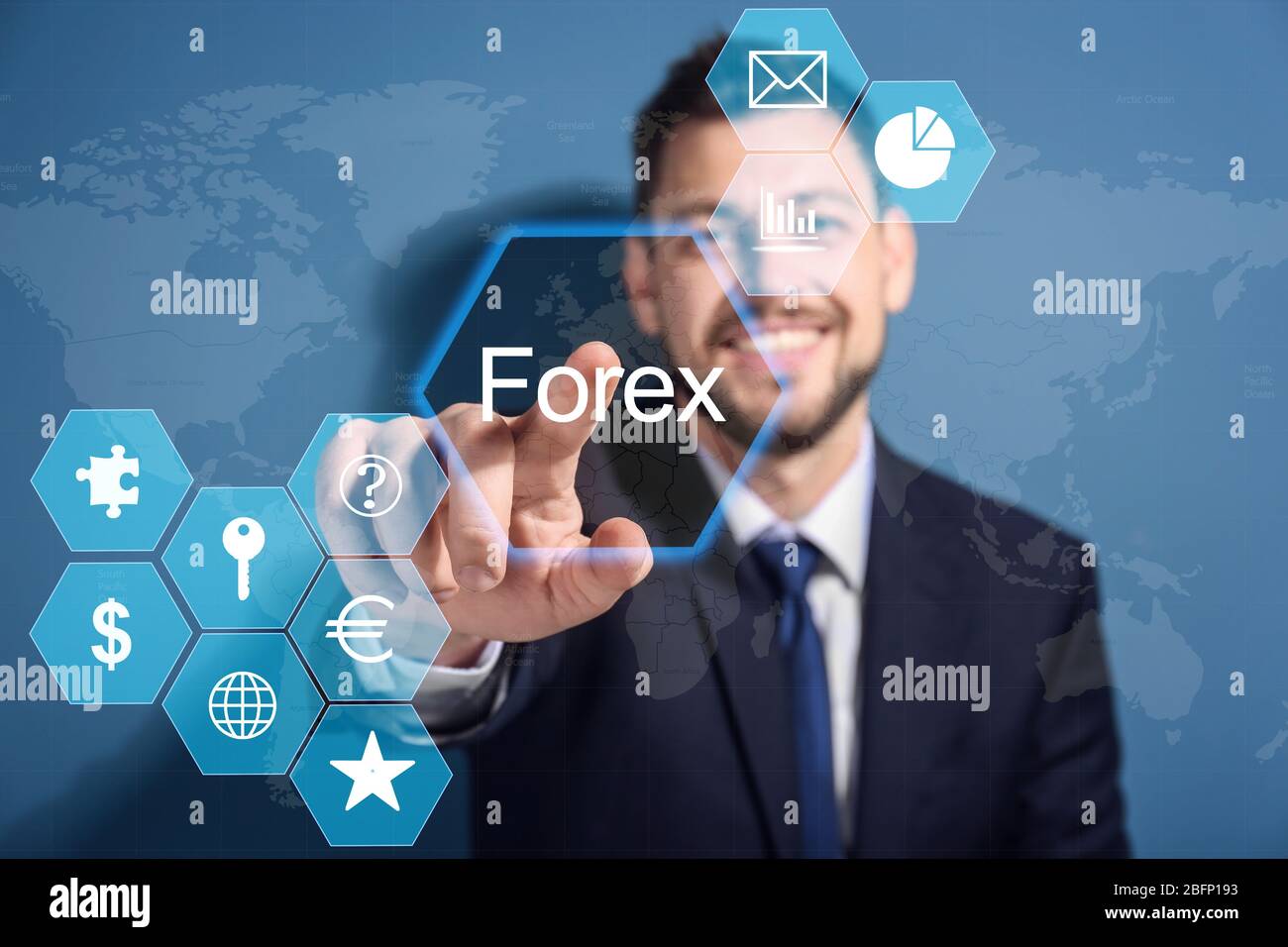 Financial trader working with virtual screen on color background. Forex ...