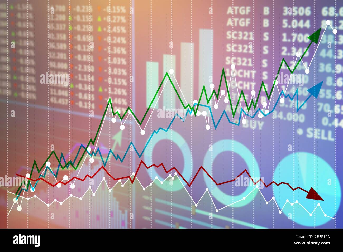 Stock exchange graphs and rates on color background. Financial trading ...
