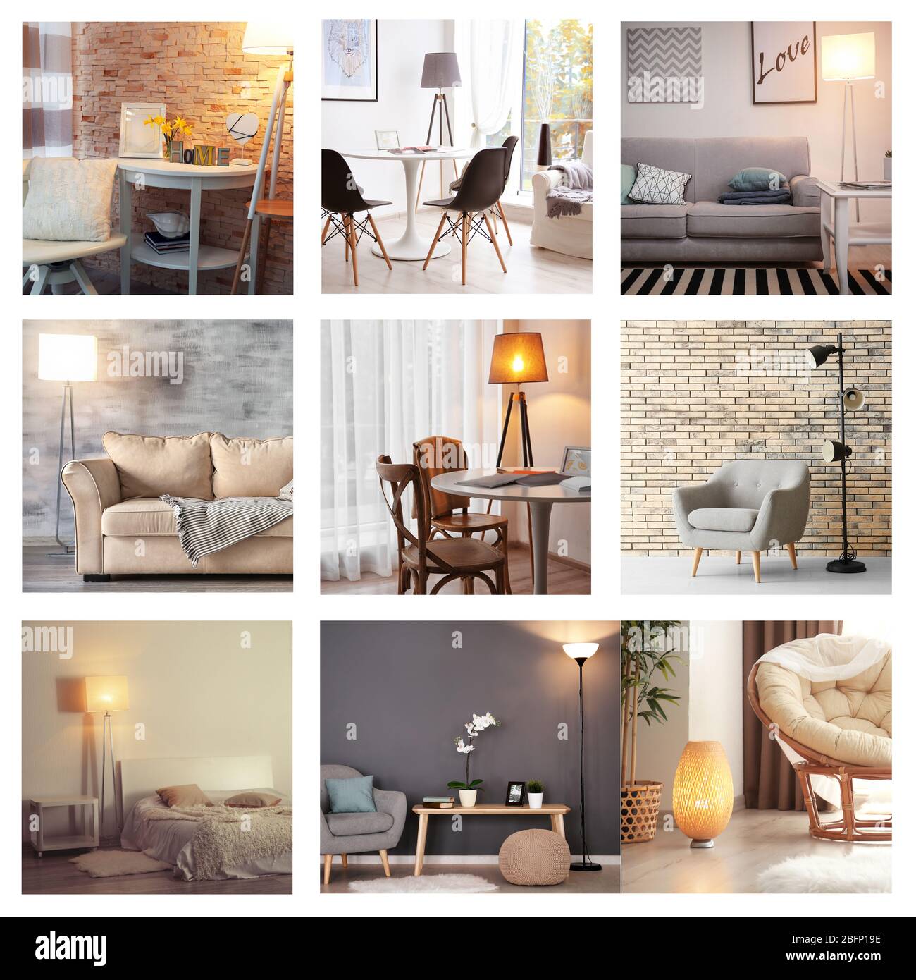 Collection of different room interiors with modern furniture and lamps ...