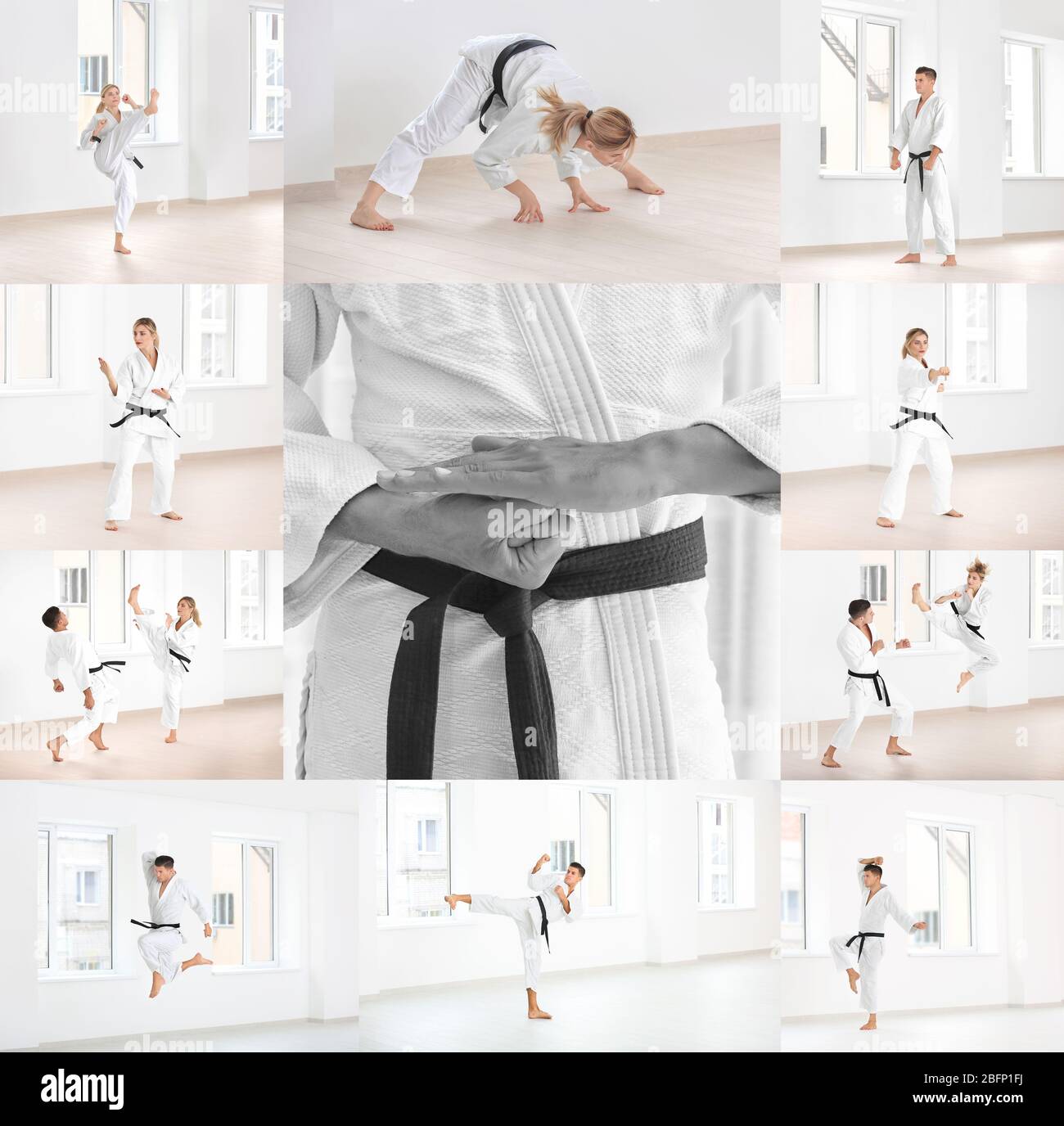 Set with people practicing karate in dojo Stock Photo - Alamy