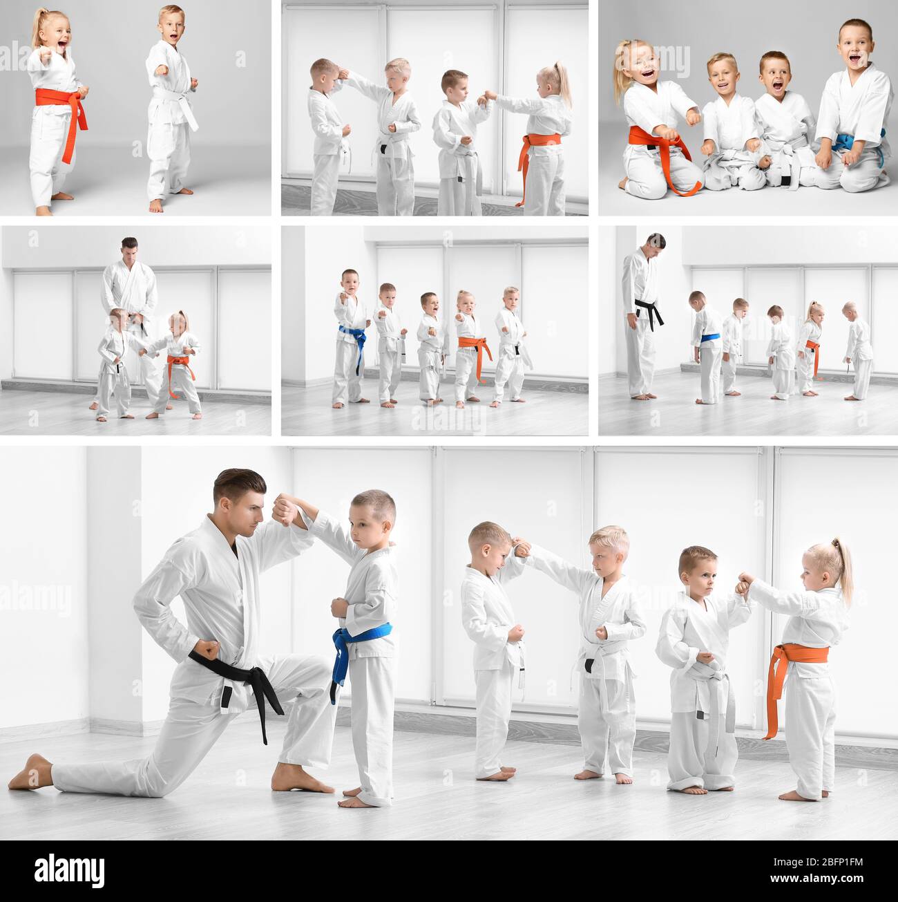 Set with instructor and little kids practicing karate in dojo Stock ...
