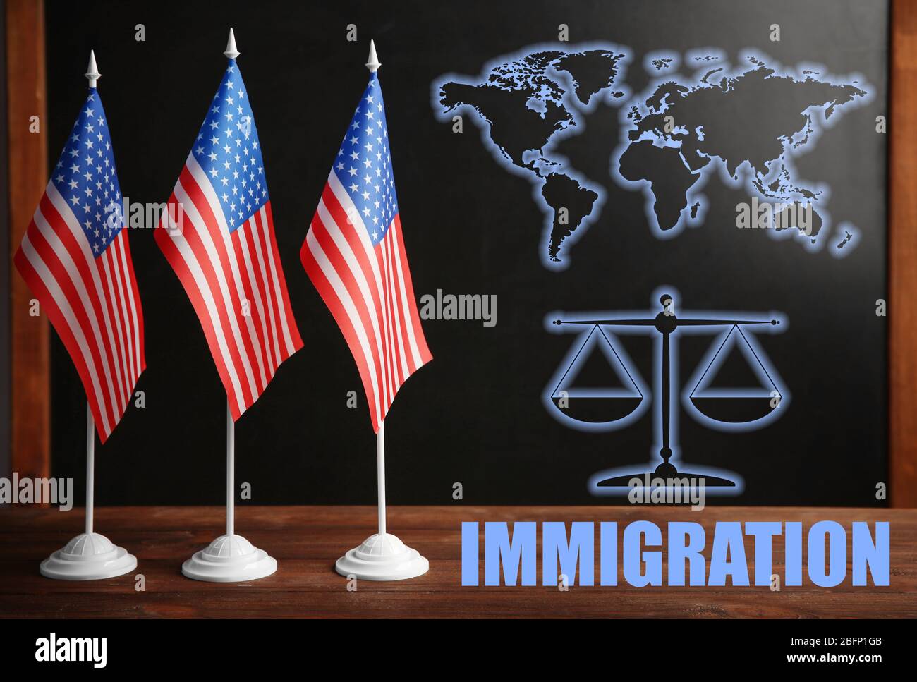 Word IMMIGRATION with American flags and blackboard on background Stock ...