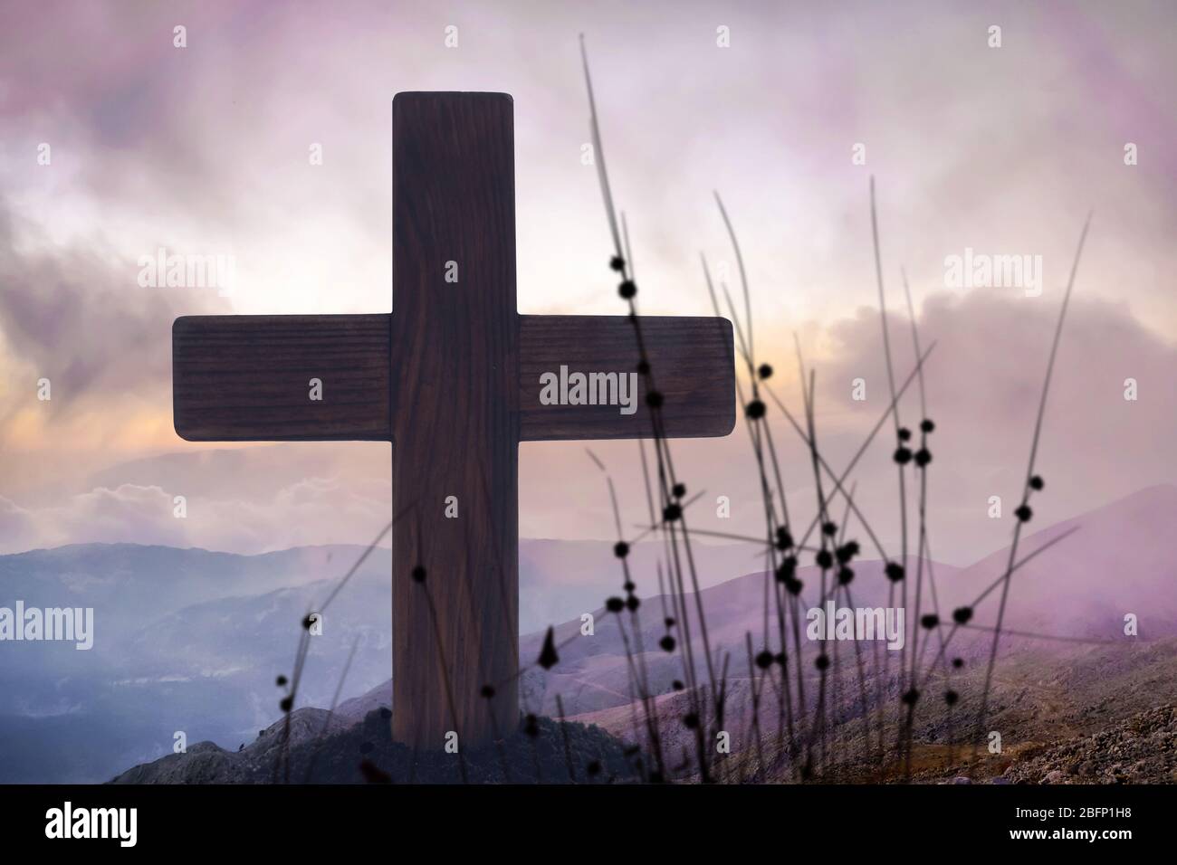 Wooden cross and landscape on background. Christian religion Stock ...
