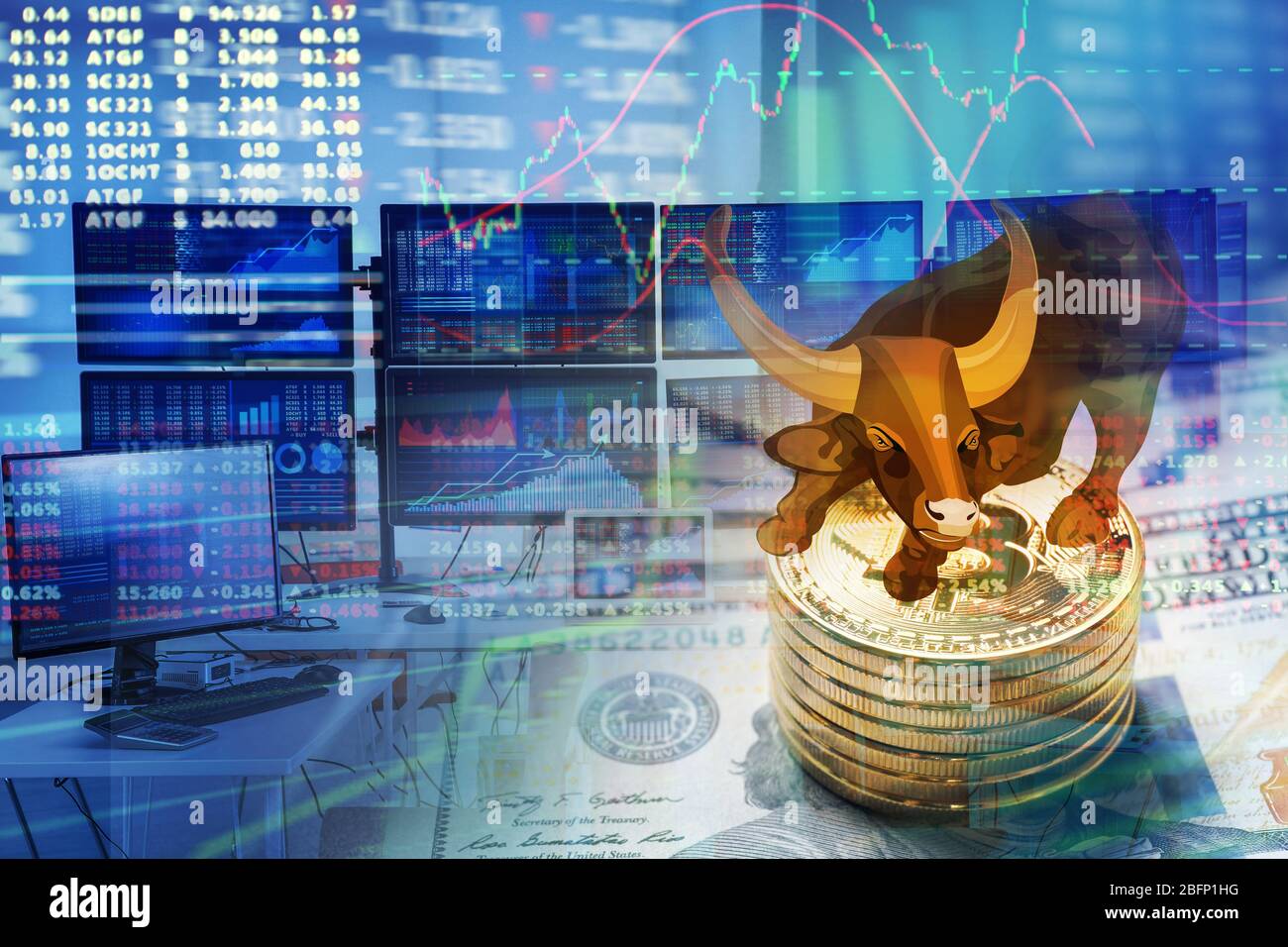 Double exposure of bull as symbol of stock market, broker's workplace ...