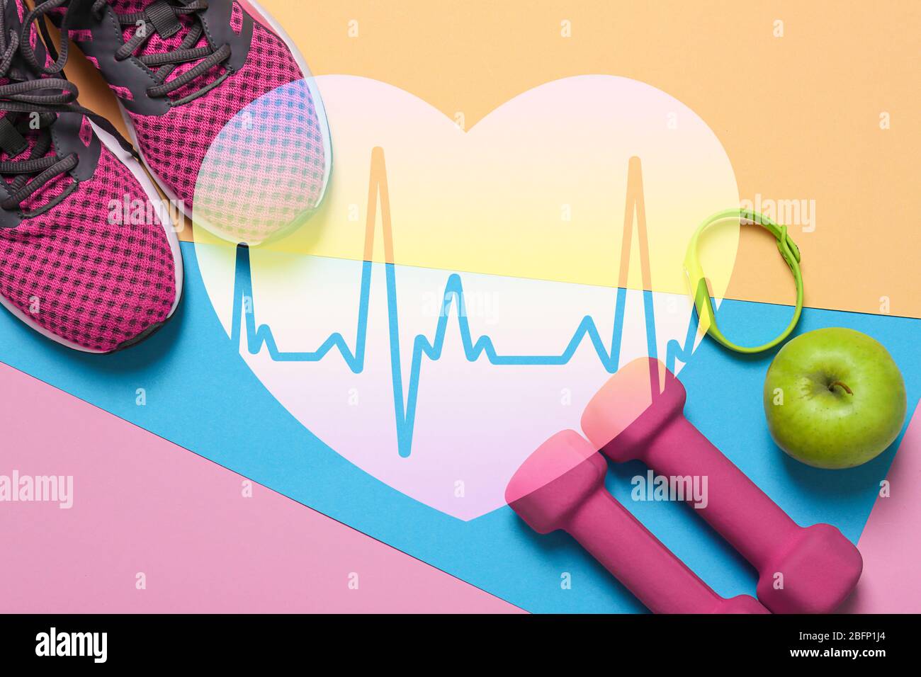 Set of gym stuff on color background. Cardio training concept Stock ...