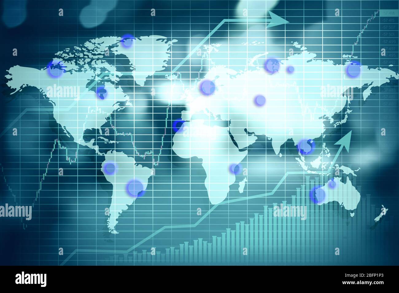 World map with graphs on blurred background. Financial trading concept ...