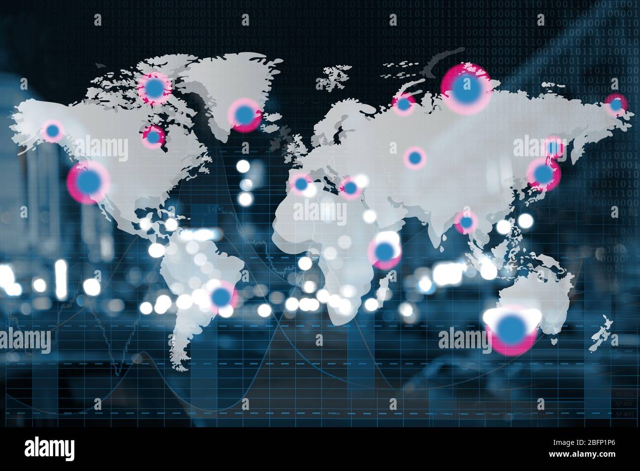 World map with graphs on blurred background. Financial trading concept ...