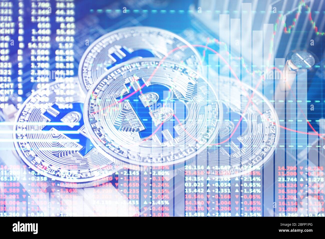 Graphs, rates and bitcoins on background. Financial trading concept ...