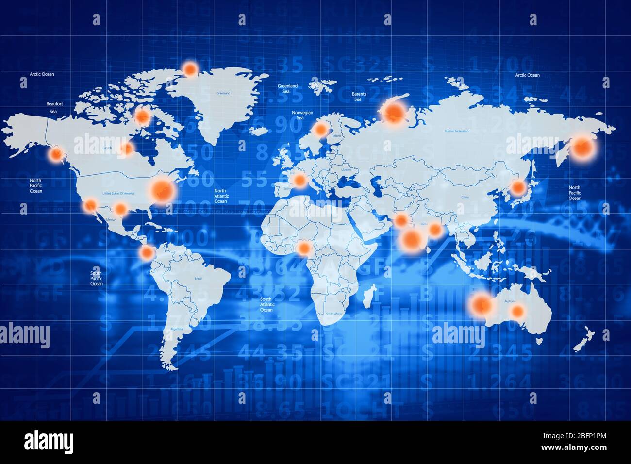 World map with graphs and rates on blurred background. Financial ...