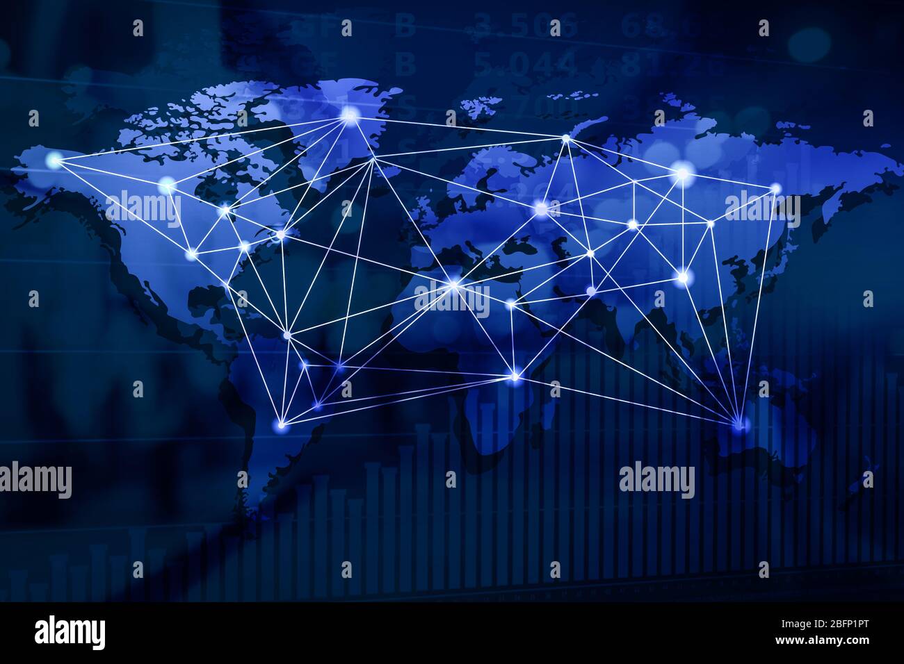 World map with graph and rates on blurred background. Financial trading ...