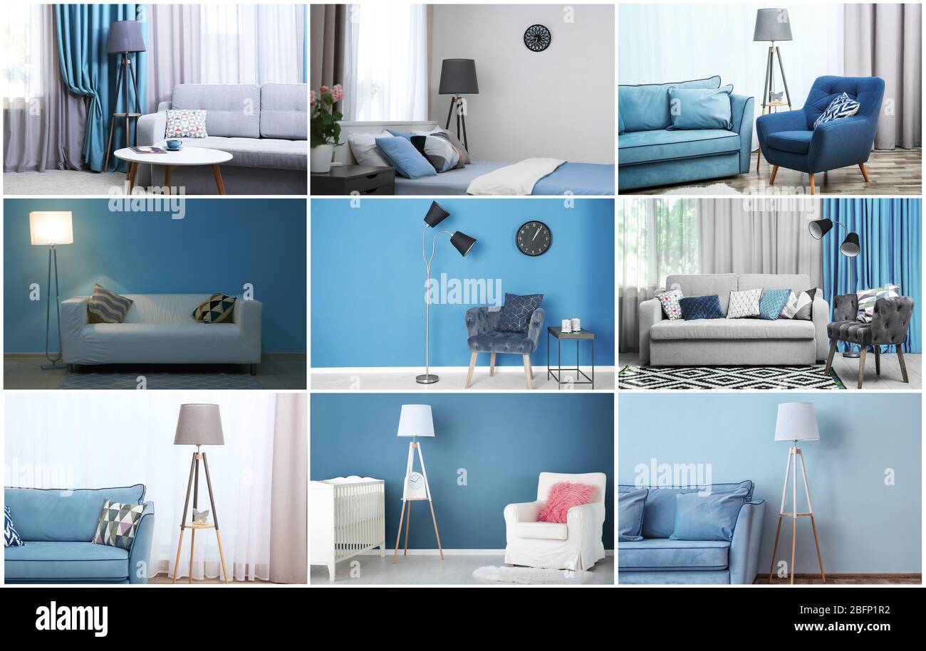 Collection of different room interiors with modern furniture and lamps ...
