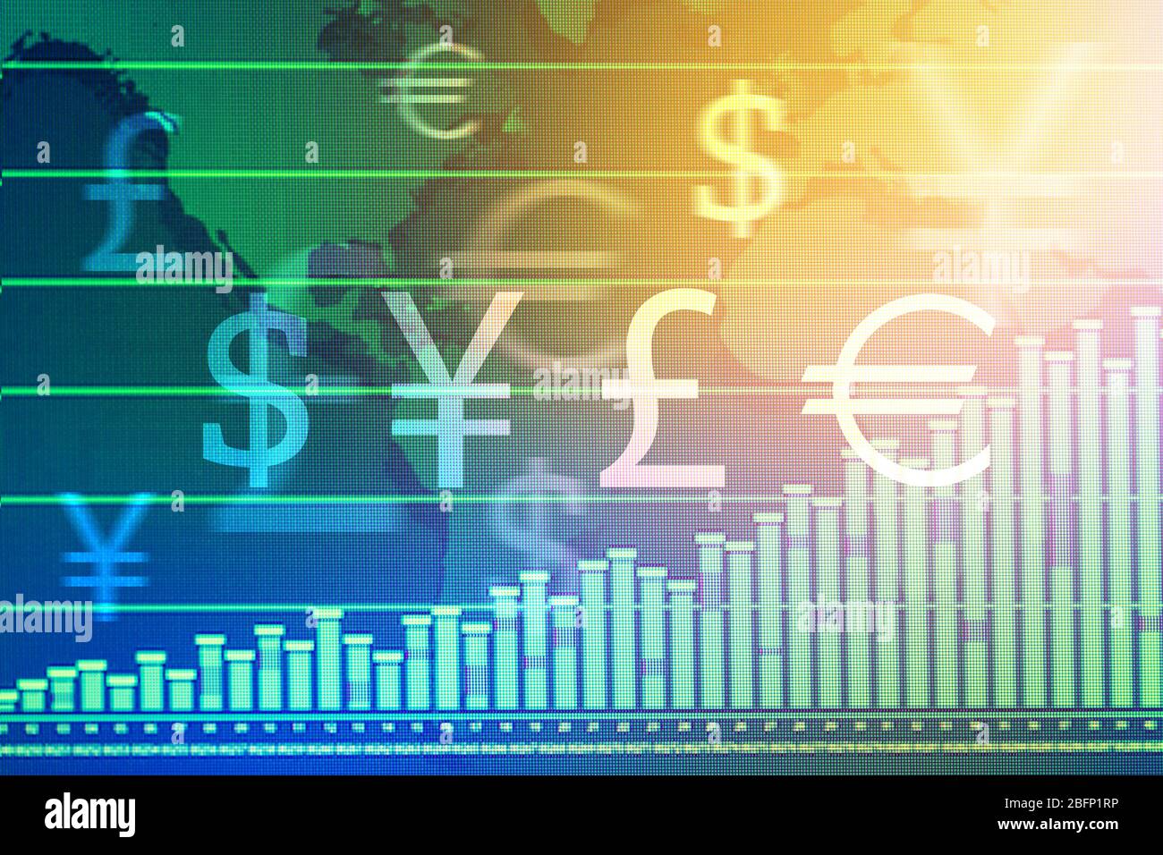 Stock exchange graphs with currency symbols on color background ...