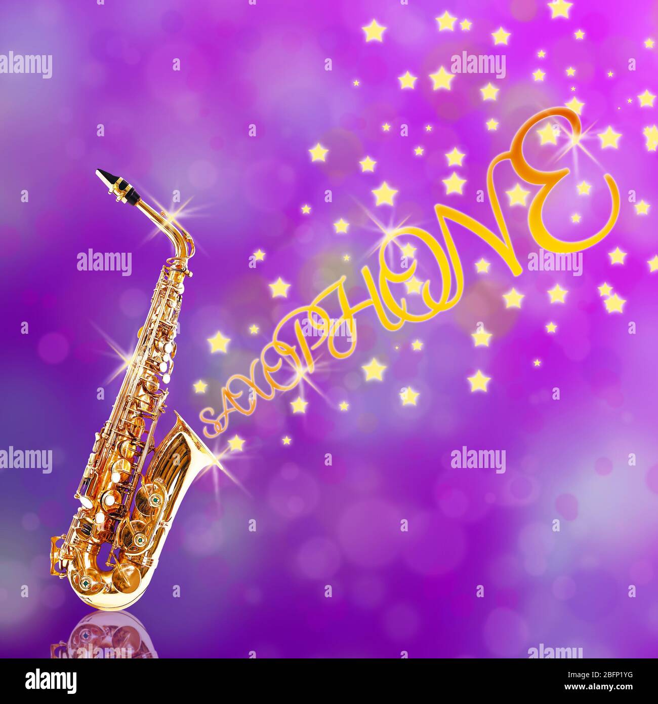 Golden saxophone with stars coming out against purple background Stock ...