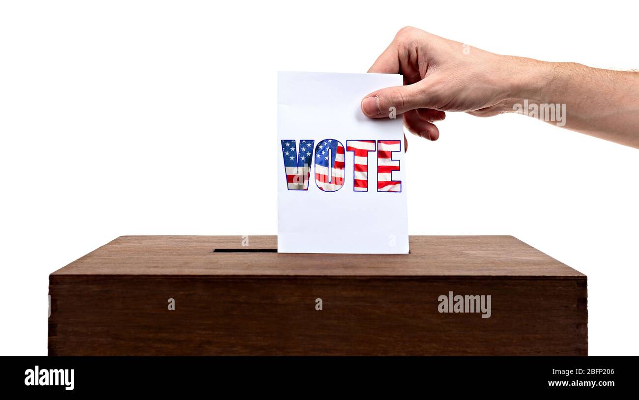 Human hand inserting bulletin in ballot box isolated on white Stock ...