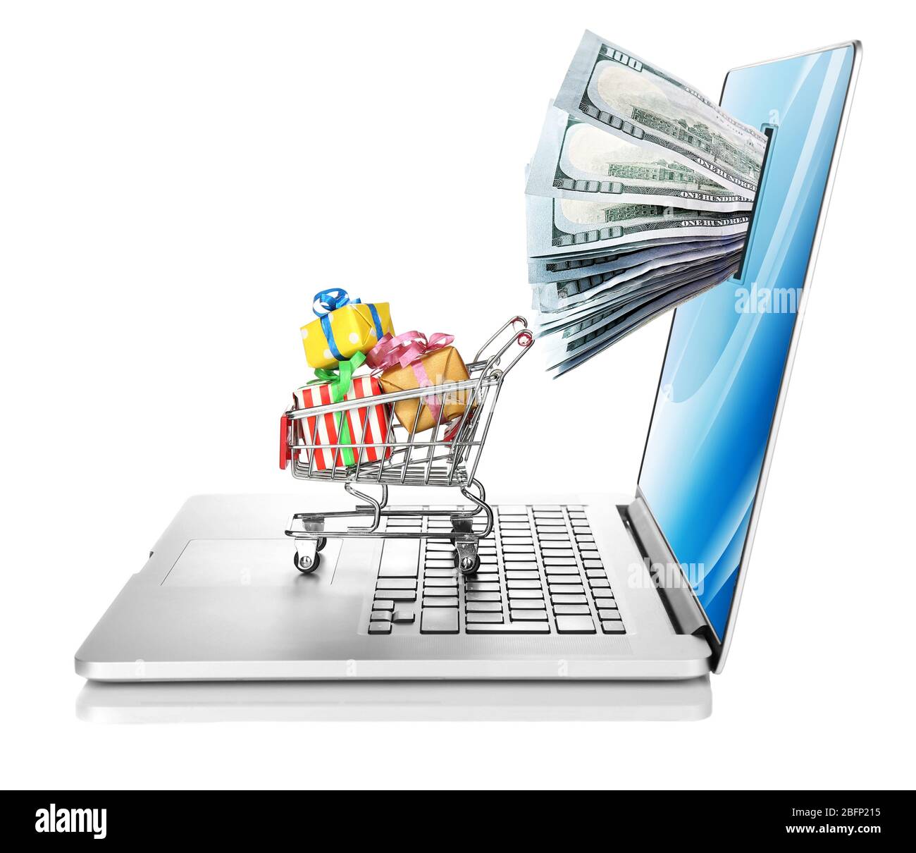 Online shopping concept. Laptop with money from monitor screen and ...