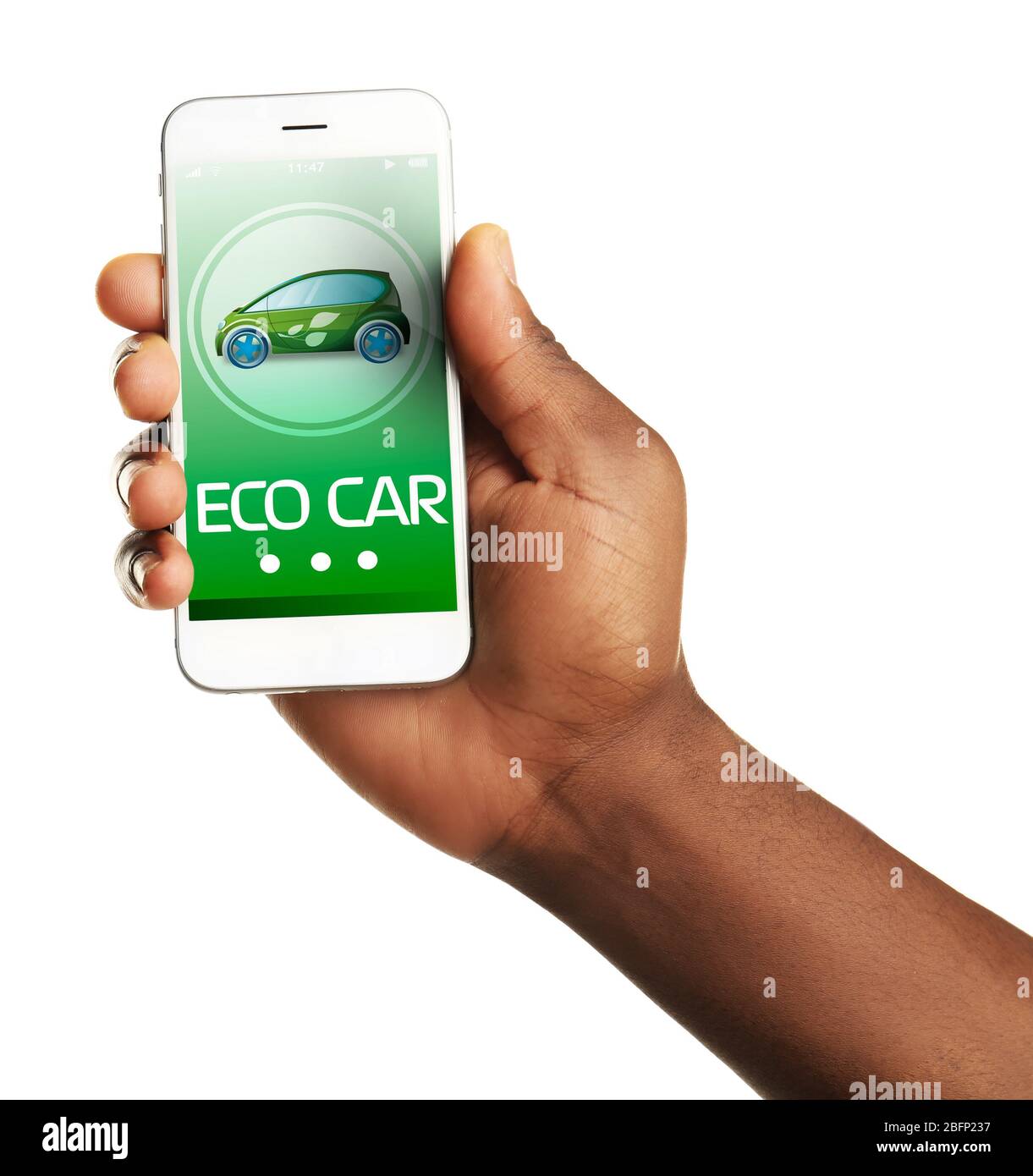 Hand holding mobile smart phone, isolated on white. Eco car concept ...